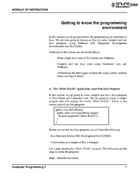 Getting To Know The Programming Environment Object Oriented
