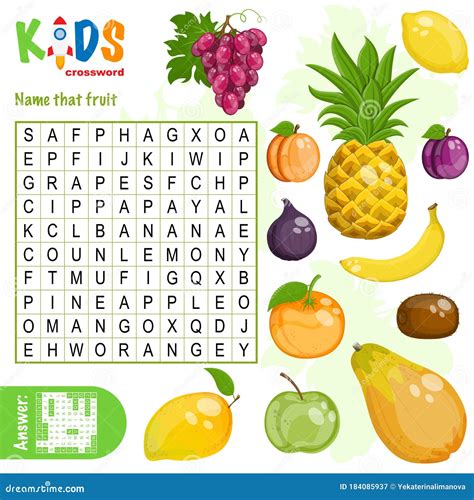 Easy Word Search Crossword Puzzle `name That Fruit` Stock Vector