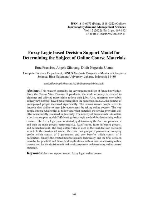 Pdf Fuzzy Logic Based Decision Support Model For Determining The