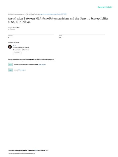 Association Between Hla Gene Polymorphism And The Genetic Susceptibility Of Sars Infection Pdf