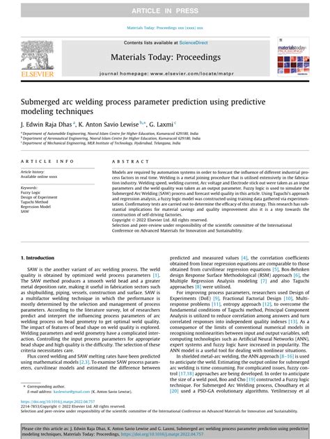 Pdf Submerged Arc Welding Process Parameter Prediction Using Predictive Modeling Techniques