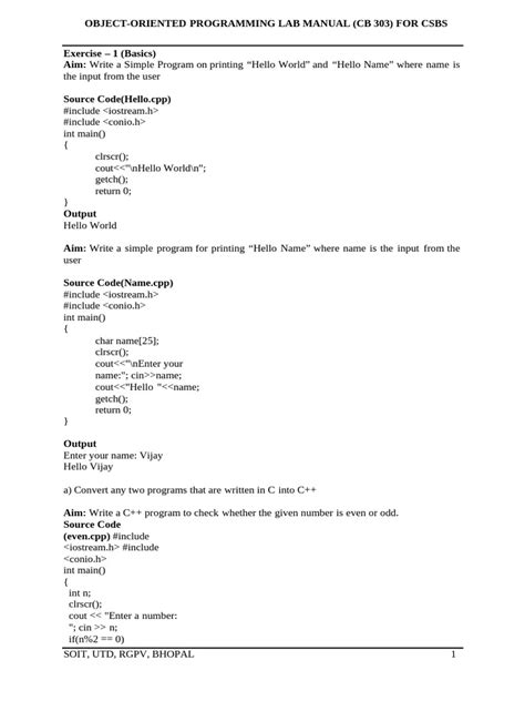 Object Oriented Programming Lab Manual R Pdf C Object Computer