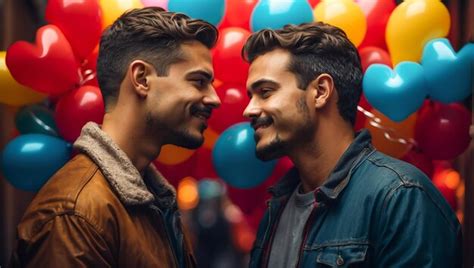 Una Pareja De Hombres Enamorados Globos De Corazón Felices Y