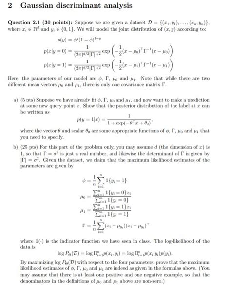 N Gaussian Discriminant Analysis 1 Question 21 30