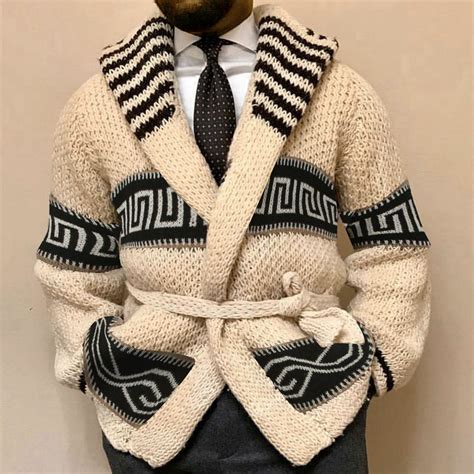 Mens Retro Jacquard Shawl Collar Knit Cardigan With Belt