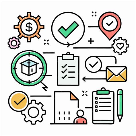 Business Process Flow With Check Marks Gears And Checklist Icons