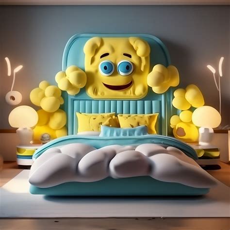 Designer Bed With A Soft Headboard In The Form Of A Spongebob Cloud