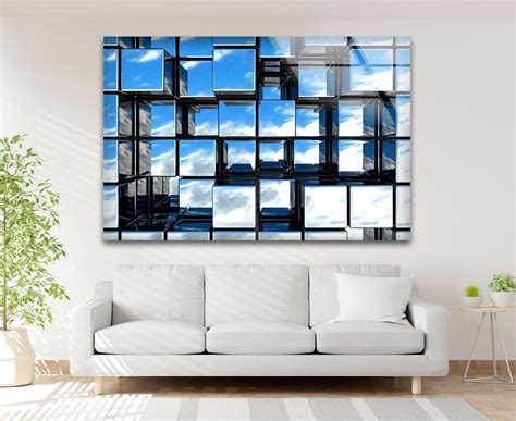 3d Geometric Glass Wall Art Modern Abstract Cube With Blue Sky