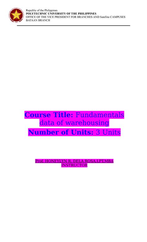 1 4 Data Warehousing Lecture Notes Course Title Fundamentals Data
