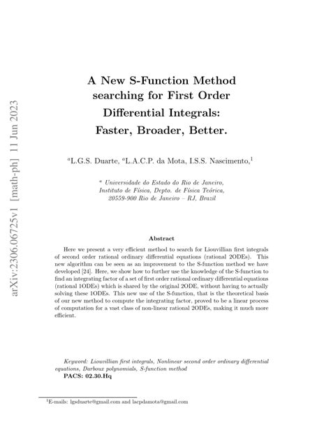 PDF A New S Function Method Searching For First Order Differential Integrals Faster Broader