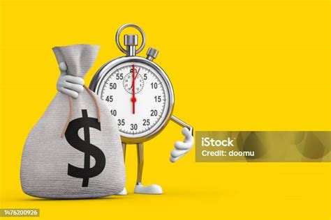 현대 스톱워치 만화 사람 캐릭터 마스코트 묶인 소박한 캔버스 린넨 돈 자루 또는 달러 기호가 있는 돈 가방 3d 렌더링 3차원 형태에 대한 스톡 사진 및 기타 이미지