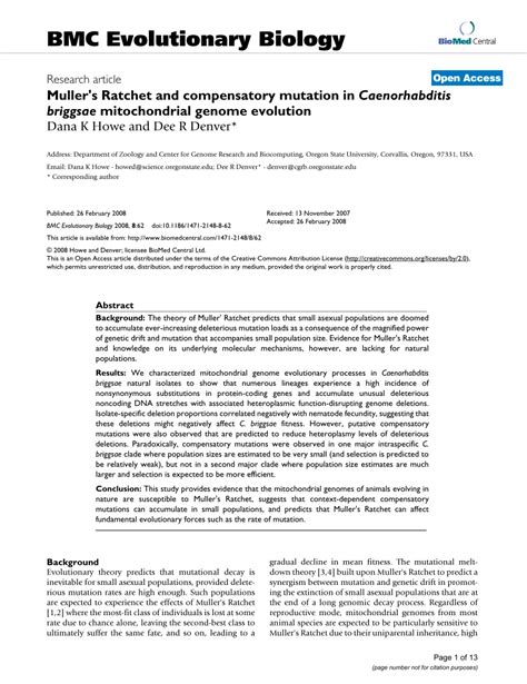 Pdf Mullers Ratchet And Compensatory Mutation In Caenorhabditis