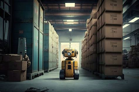 Small Humanoid Robot In A Large Warehouse With Boxes On The Shelves Stock Illustration