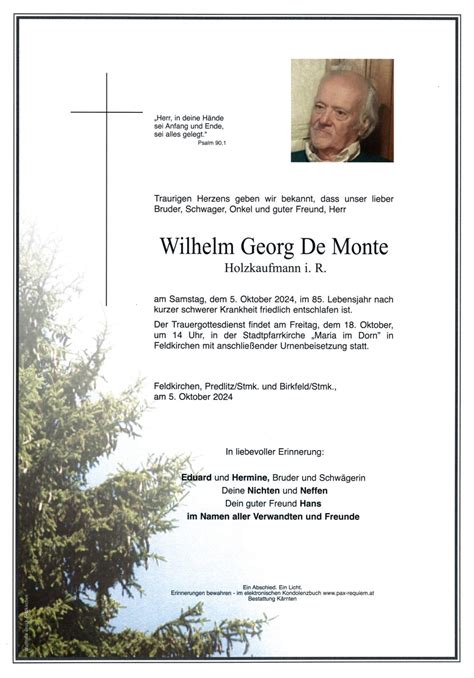 Wilhelm Georg De Monte Kerze Anzünden Und Kondolieren Gedenkseite