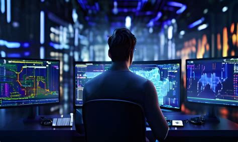Premium Photo Skilled Programmer Analyzing Data On Multiple Monitors