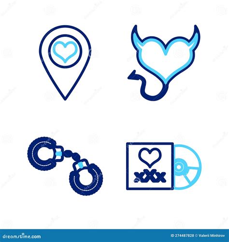 Set Line Disc With Inscription Sex Fluffy Handcuffs Devil Heart Horns And Location Icon