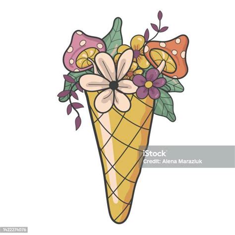 와플 콘 아이스크림 벡터 꽃 일러스트레이션에 꽃다발 버섯 가지 및 잎의 꽃다발이있는 아름다운 휴가 컬렉션 아이스크림 디자인을 위해 흰색 배경에 템플릿을 초대합니다 벡터
