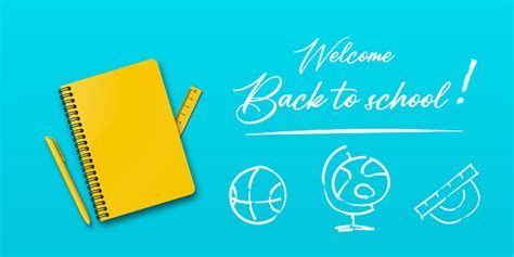 학교로 돌아 가기 학생들을위한 휴일 청록색 또는 연한 파란색 배경에 노트북과 펜이있는 벡터 배너 개념 작은 필기 텍스트가 학교로 돌아갑니다 텍스트를위한 장소 교육 포스터 0