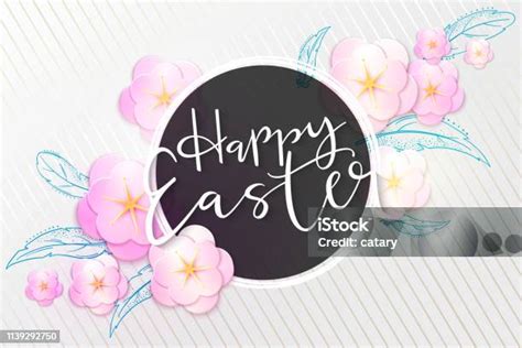 벡터 일러스트 레이 션의 부활절 날 인사말 배너 템플릿 손 글자 레이블행복 한 부활절종이 접기 종이 봄 사과 꽃과 낙서 깃털 개념에 대한 스톡 벡터 아트 및 기타 이미지