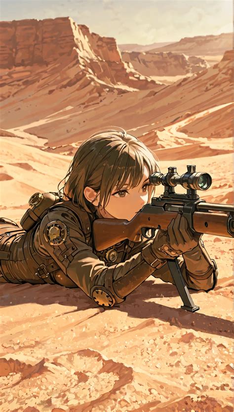 Anime Girl With Rifle In Desert With Desert Background Seaart Ai