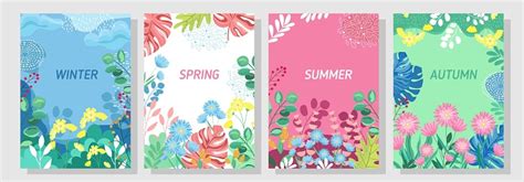 벡터 세트 꽃 배경 자연 배경 사계절 템플릿 배너 표지 템플릿 엽서 가을에 대한 스톡 벡터 아트 및 기타 이미지 가을 겨울 계절 Istock
