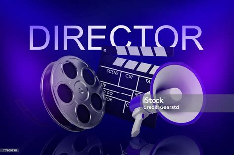 네온 블루 배경에 위의 감독기호와 영화 클래퍼 영화 릴 및 메가 폰의 3d 렌더링 3차원 형태에 대한 스톡 사진 및 기타 이미지 3차원 형태 Film Screening