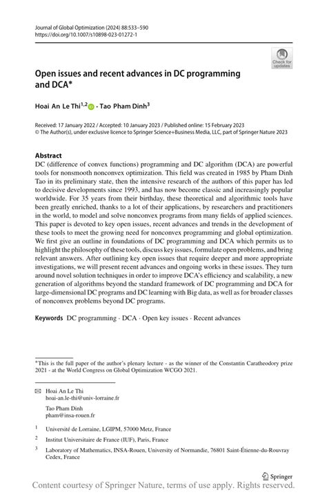 Open Issues And Recent Advances In Dc Programming And Dca Request Pdf
