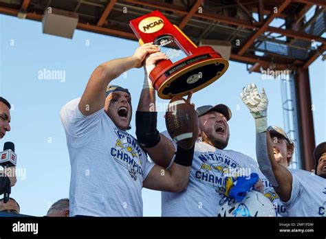 South Dakota State Jackrabbits Quarterback Mark Gronowski And Guard Mason Mccormick Celebrate