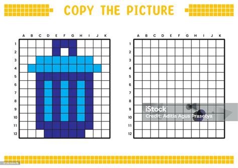 그림을 복사하고 그리드 이미지를 완성합니다 사각형으로 그리는 교육용 워크시트 색칠 영역 유치원 활동 어린이 게임 만화 벡터 일러스트 레이 션 픽셀 아트 파란 쓰레기통 개발에