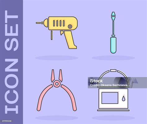 페인트 통 전기 드릴 기계 펜치 도구 및 스크루 드라이버 아이콘을 설정합니다 벡터 갈고리 발톱에 대한 스톡 벡터 아트 및 기타 이미지 갈고리 발톱 건설 기계류 건설