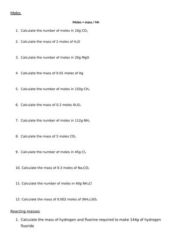 Calculating The Number Of Moles And Reacting Masses Calcs Teaching Resources