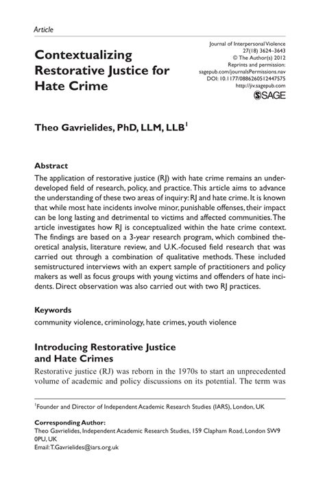 Pdf Contextualizing Restorative Justice For Hate Crime
