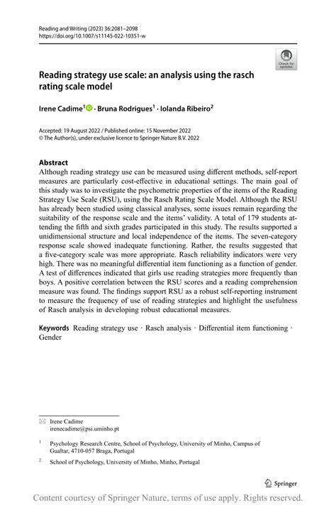 Reading Strategy Use Scale An Analysis Using The Rasch Rating Scale Model Request Pdf