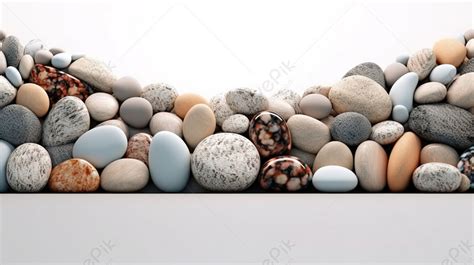 흰색 배경에 있는 자연석 자갈 및 대리석의 3d 렌더링 그림 스파 케어 및 휴식 제품 광고에 적합 대리 배경 자갈 배경