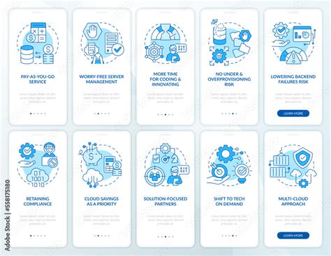 Cloud Computing Innovations Blue Onboarding Mobile App Screen Set Walkthrough 5 Steps Editable