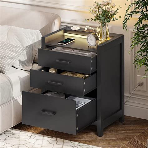Nightstand With 3 Drawers And Led Lights And Charging Station Modern Black