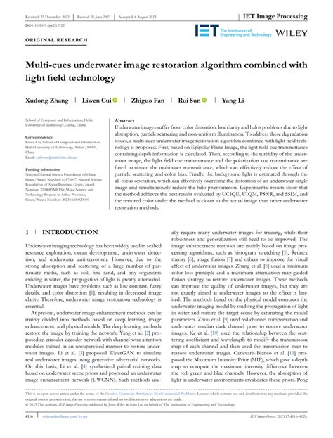 Pdf Multi‐cues Underwater Image Restoration Algorithm Combined With Light Field Technology