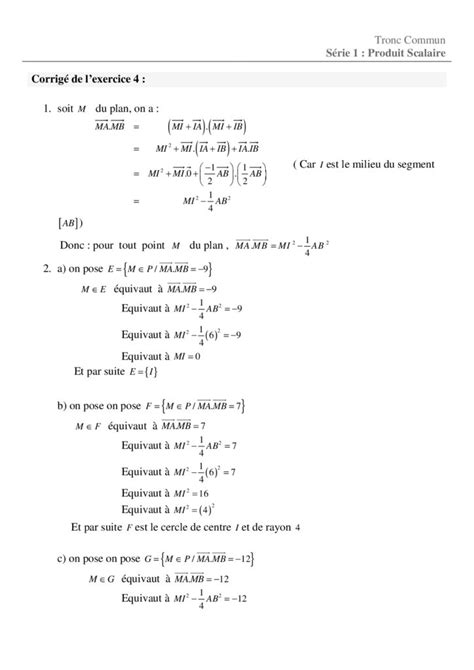 Le produit scalaire exercices corrigés tronc commun sciences
