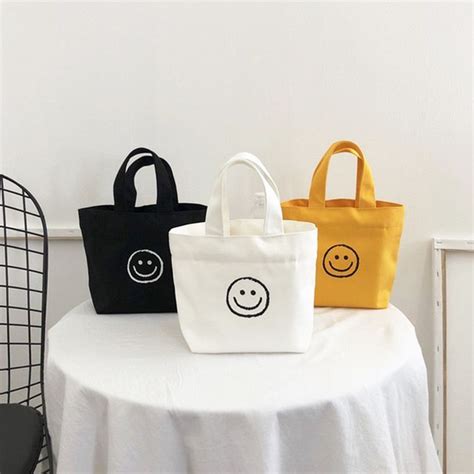 슈퍼킴 신상 스마일 미니 에코백 캔버스 쇼핑백 여행가방 장바두니 블랙 화이트 네이비 아이보리 노랑 위시버킷