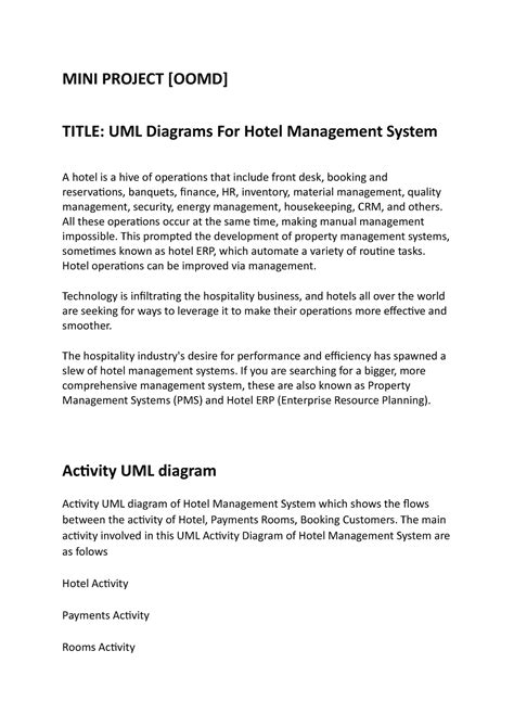 OOMD MINI Project MINI PROJECT OOMD TITLE UML Diagrams For Hotel Management System A Hotel