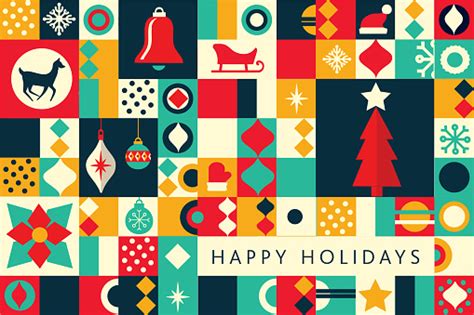 해피 홀리데이 인사말 모자이크 인사말 카드 플랫 디자인 템플릿 휴일 장식품 사슴과 나무 기하학적 모양과 간단한 아이콘