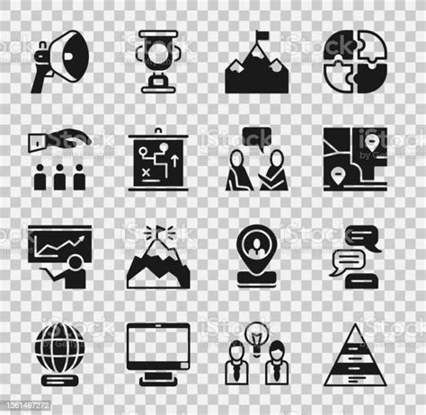 설정 피라미드 차트 인포그래픽 음성 거품 채팅 위치와 접힌지도 산 플래그 계획 전략 개념 보스 직원 메가 폰과 두 앉아 남자 이야기 아이콘 벡터 Brand Name