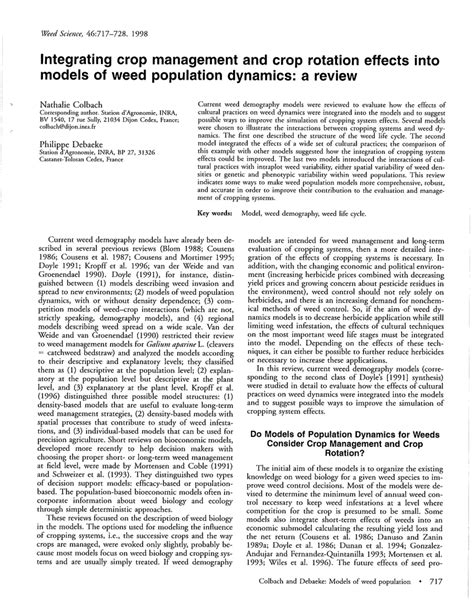 PDF Integrating Crop Management And Crop Rotation Effects Into Models Of Weed Population