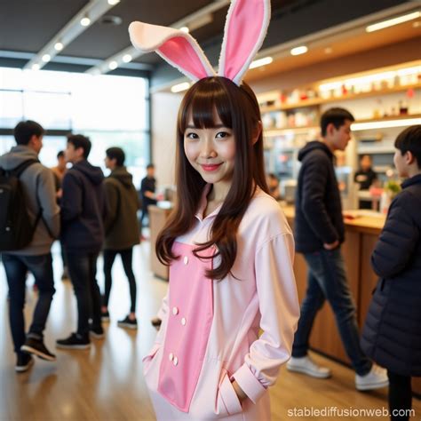 Asian Woman In Bunny Costumed Cafe Scene Stable Diffusion Online