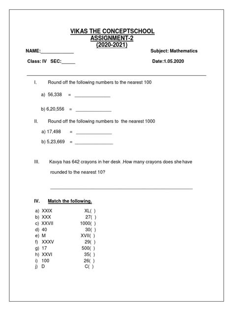 Vikas The Conceptschool Assignment 2 2020 2021 Name Subject Mathematics Class Iv Sec