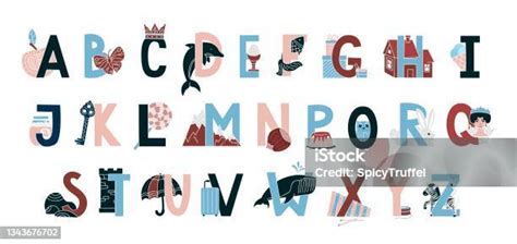 아이 알파벳 학습을위한 재미있는 그림이있는 유치한 영어 편지 팩 어퍼케이스 언어 표지판 컬렉션입니다 타이포그래피 텍스트 기호 및 스케치입니다 벡터 Abc 문자 교육 세트 0