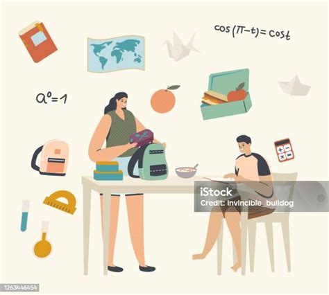 어머니는 점심 상자를 아들 배낭에 넣어 학교 소년은 식탁에 앉아 숙제를 합니다 가족 캐릭터 엄마와 학생 가족에 대한 스톡 벡터 아트 및 기타 이미지 Istock