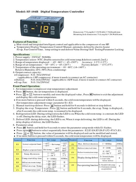Model Sf 104b Digital Temperature Con Troller Features Of Function Pdf Power Supply