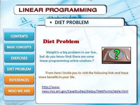 بسم الله الرحمن الرحيم Contents Exercises Diet Problem References Ppt