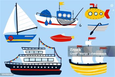 보트 및 선박 세트 만화 손 은 다채로운 항해 유치한 컬렉션 물 수송 항해 요트 범선 과 잠수함 어린이 디자인 요소를 그린 아기 모험과 여행 벡터 고립 된 세트 범선